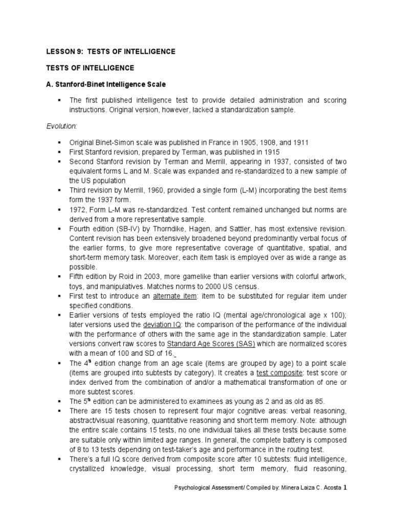 Lesson 9 Psych Assessment | PDF | Wechsler Adult Intelligence Scale ...