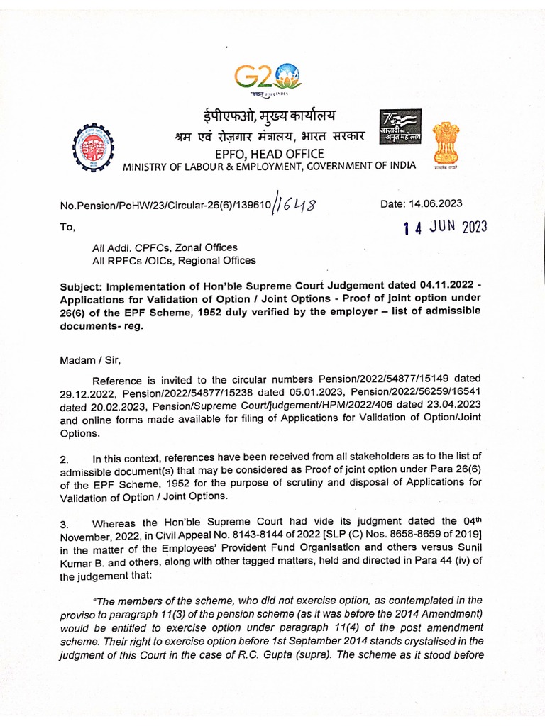 Epfo Circular On Applications For Validation of Option or Joint Option ...