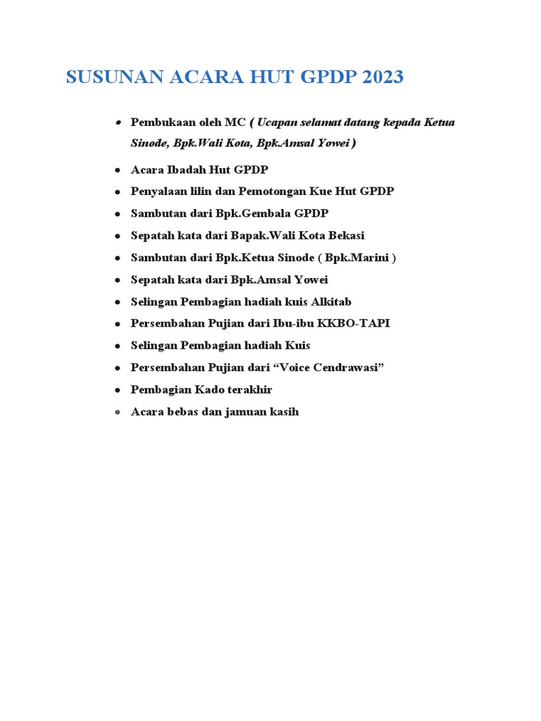 Susunan Acara Hut GPDP 2023: Sinode, BPK - Wali Kota, BPK - Amsal Yowei) | PDF | Ilmu Sosial ...