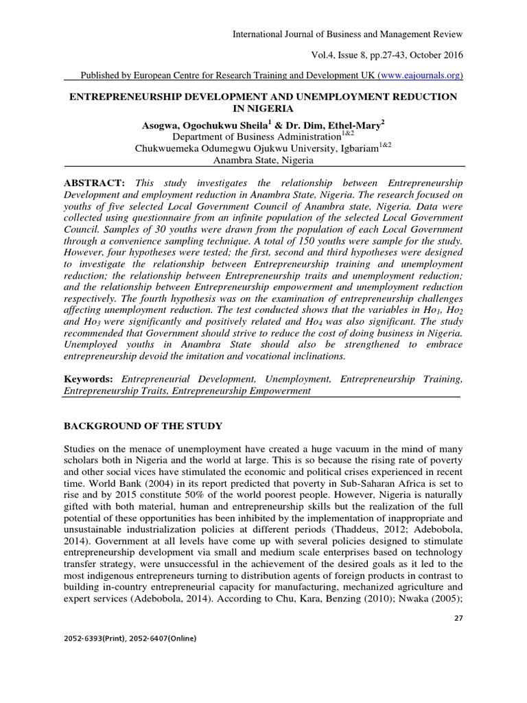 Entrepreneurship Development and Unemployment Reduction in Nigeria ...