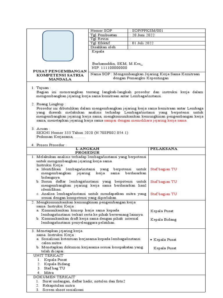 CONTOH 1 SOP Mengembangkan Jejaring Kerja SamaKemitraan | PDF