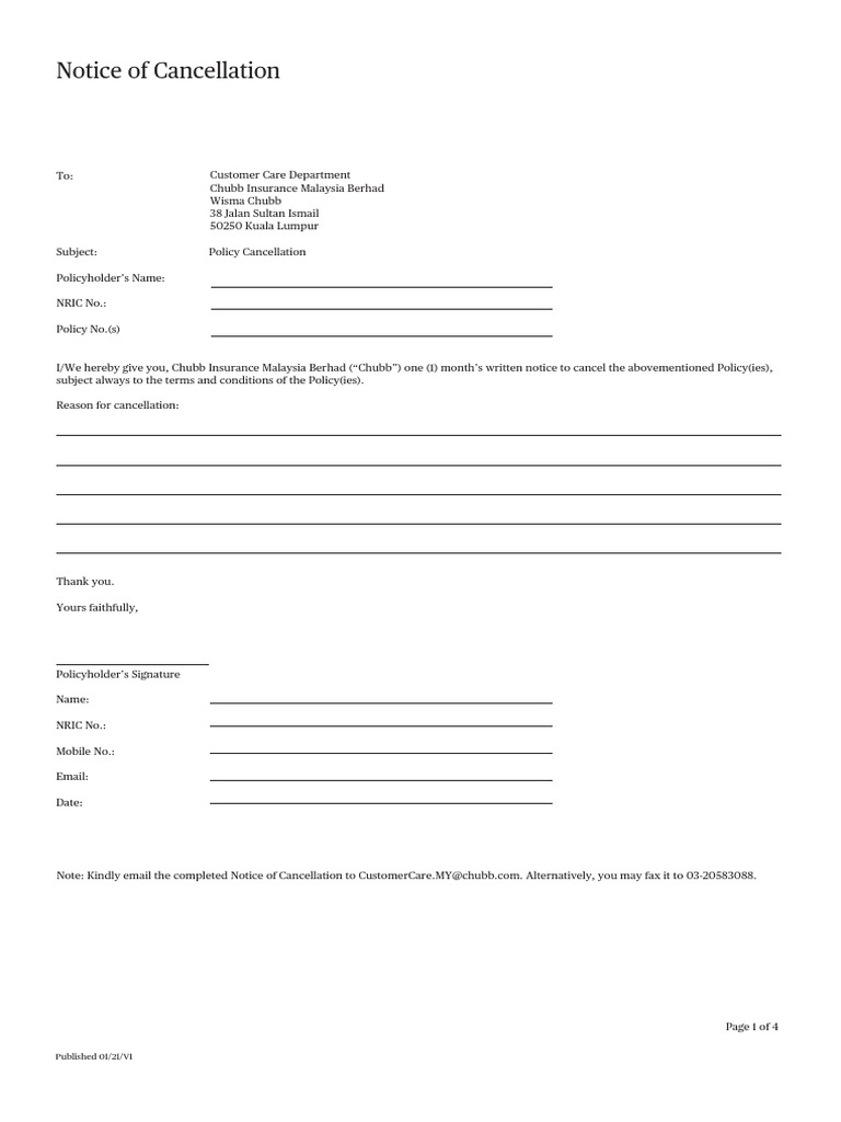 Chubb Insurance Cancellation Notice | PDF