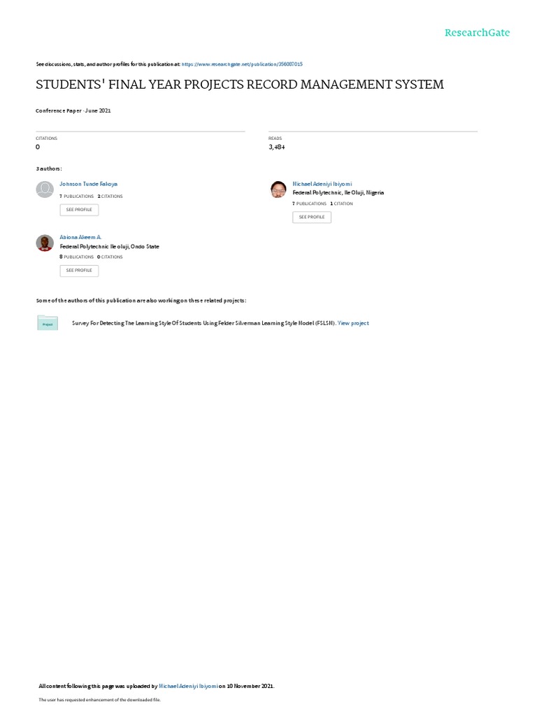 Students' Final Year Projects Record Management System: June 2021 | Download Free PDF ...