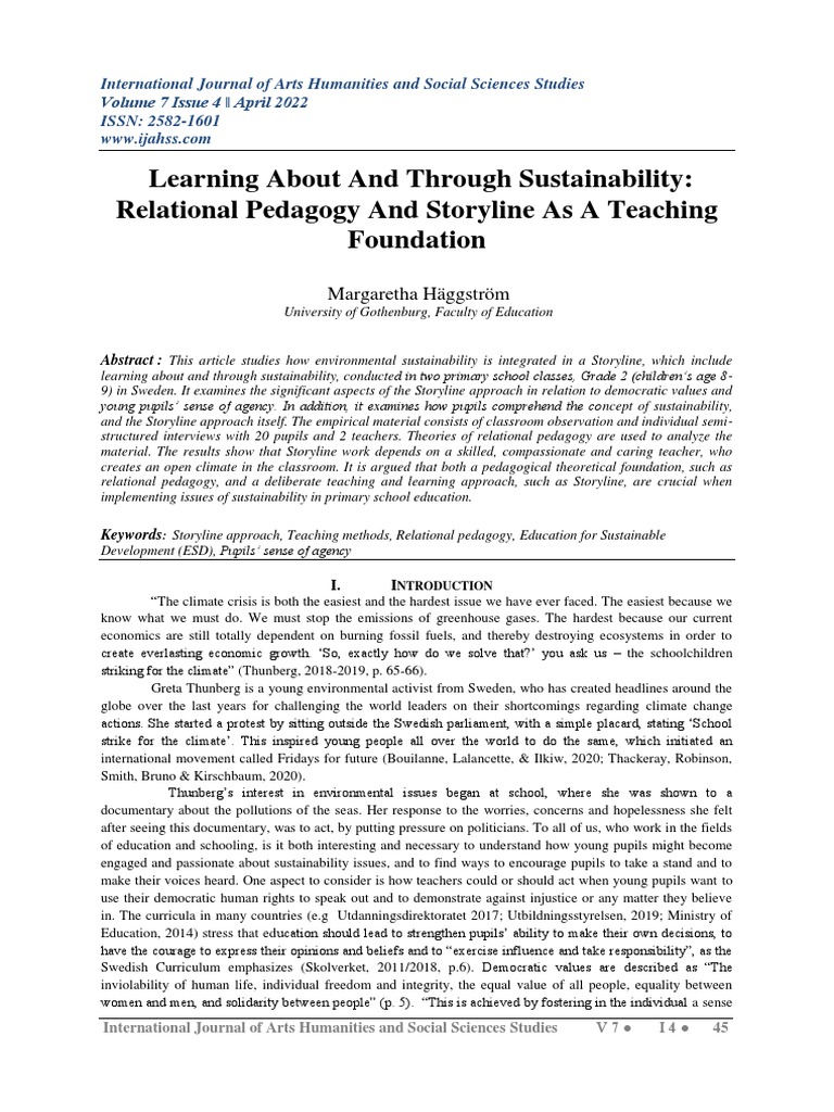 Learning About and Through Sustainability: Relational Pedagogy and Storyline As A Teaching ...