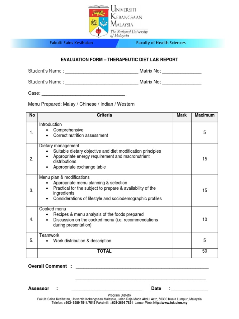 Evaluation Form Lab Report 2020 Pdf Diet Nutrition Diet