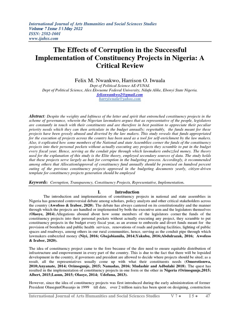 The Effects of Corruption in The Successful Implementation of Constituency Projects in Nigeria ...