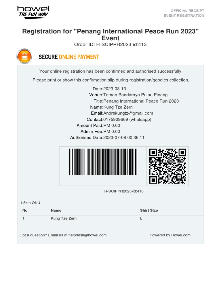Penang International Peace Run 2023 Confirmation Receipt | PDF