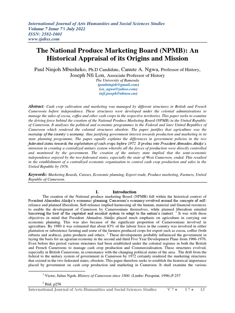 The National Produce Marketing Board (NPMB) : An Historical Appraisal ...