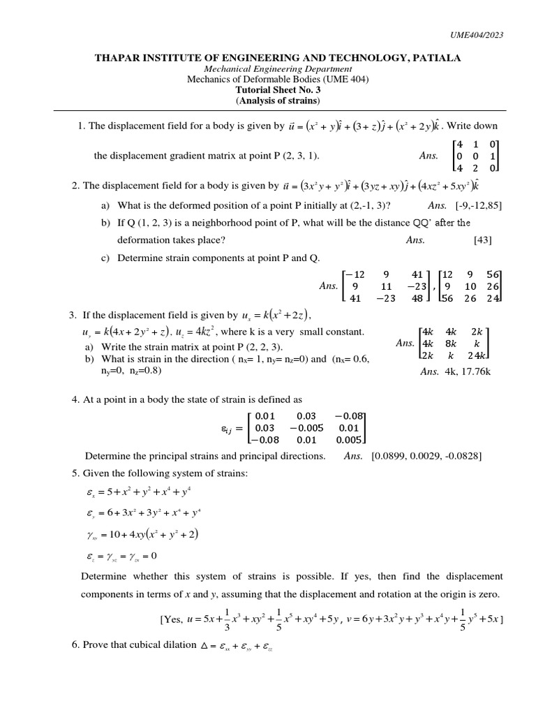Tut Sheet#3 3D Strain Analysis | PDF | Physics | Solid Mechanics