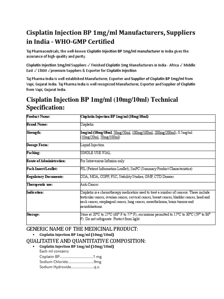 Cisplatin Injection BP Manufacturers India | PDF | Generic Drug ...