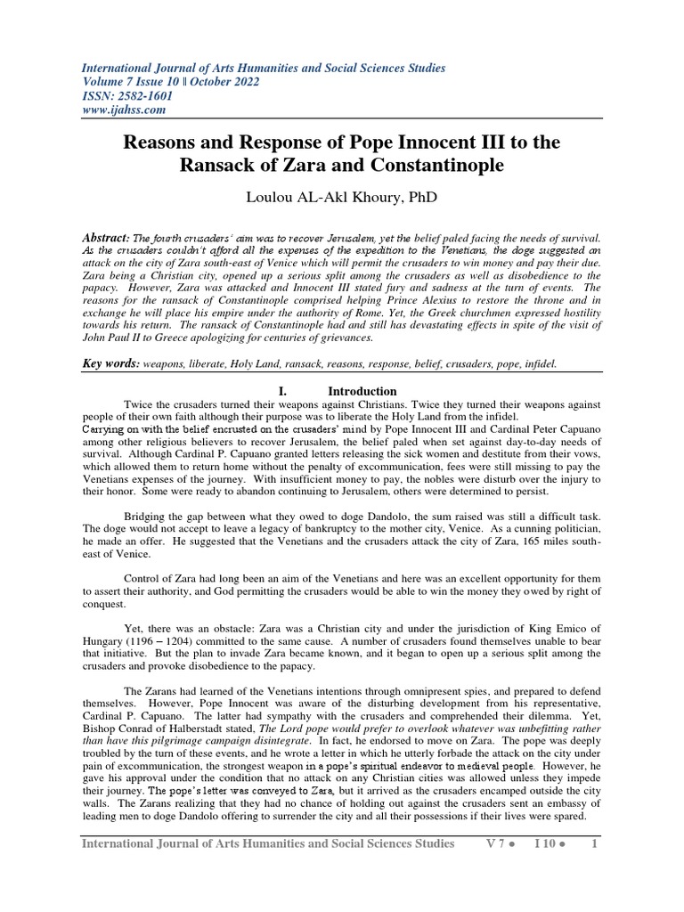 Reasons and Response of Pope Innocent III To The Ransack of Zara and Constantinople | Download ...