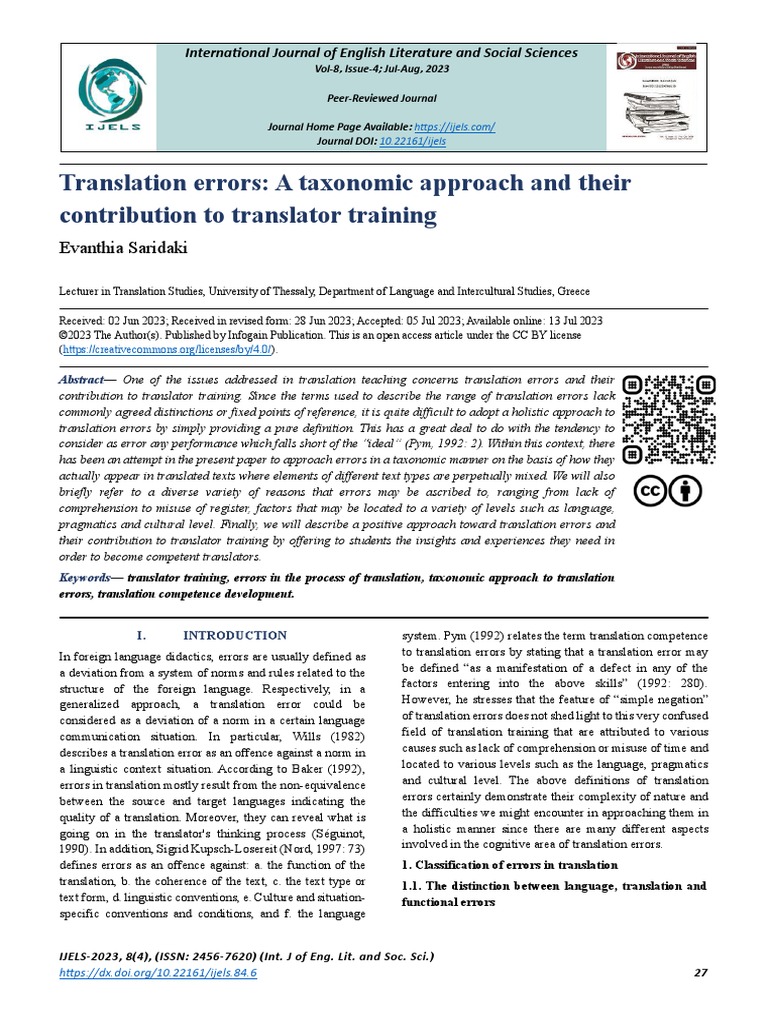 Translation Errors: A Taxonomic Approach and Their Contribution To ...