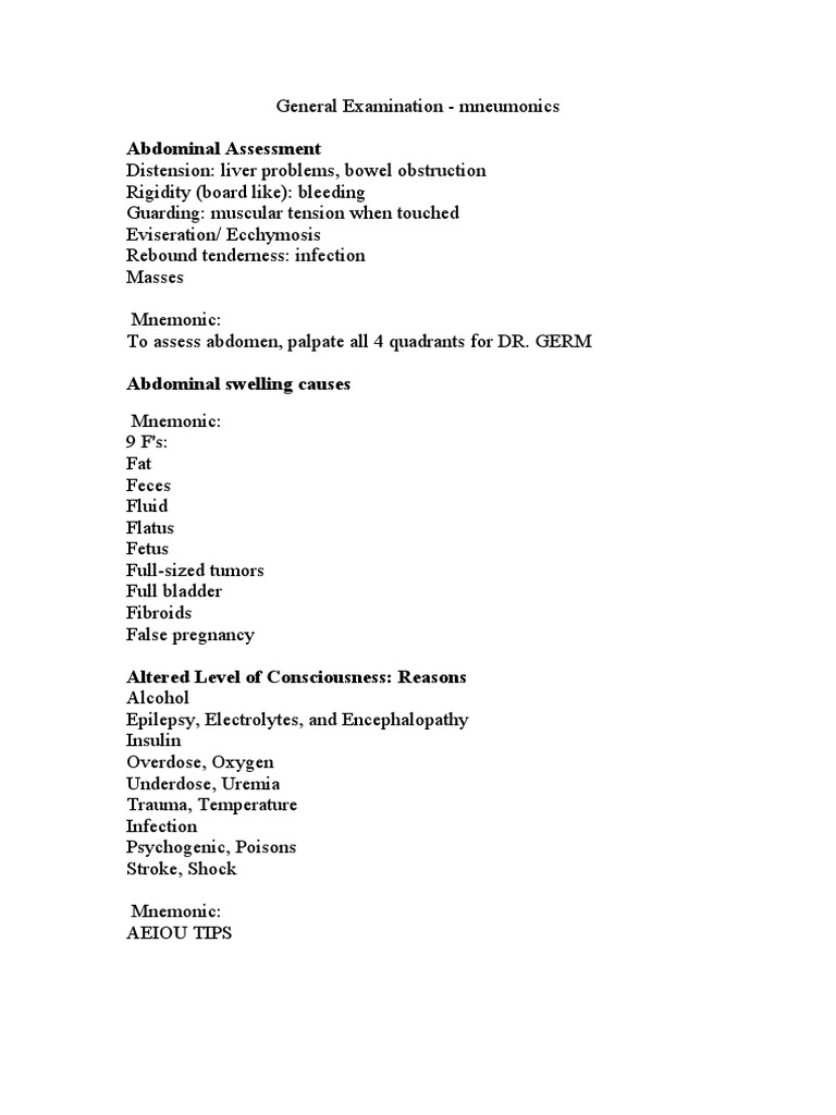 General Examination - Mneumonics | PDF | Wellness