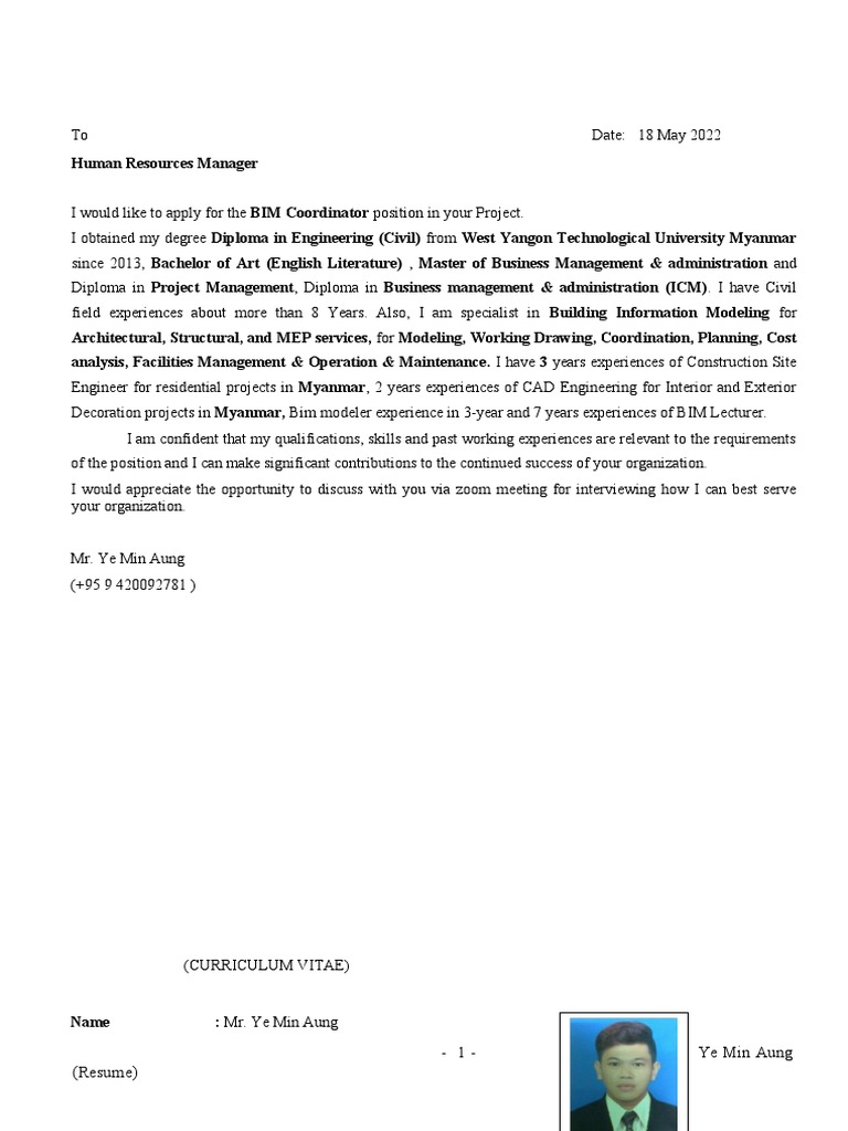 Ye Min Aung - Resume - 2022 | PDF | Building Information Modeling