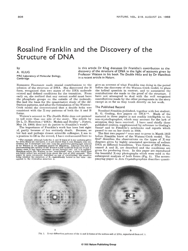 Rosalind Franklin and The Discovery of The Structure of DNA - Nature 1968 | PDF