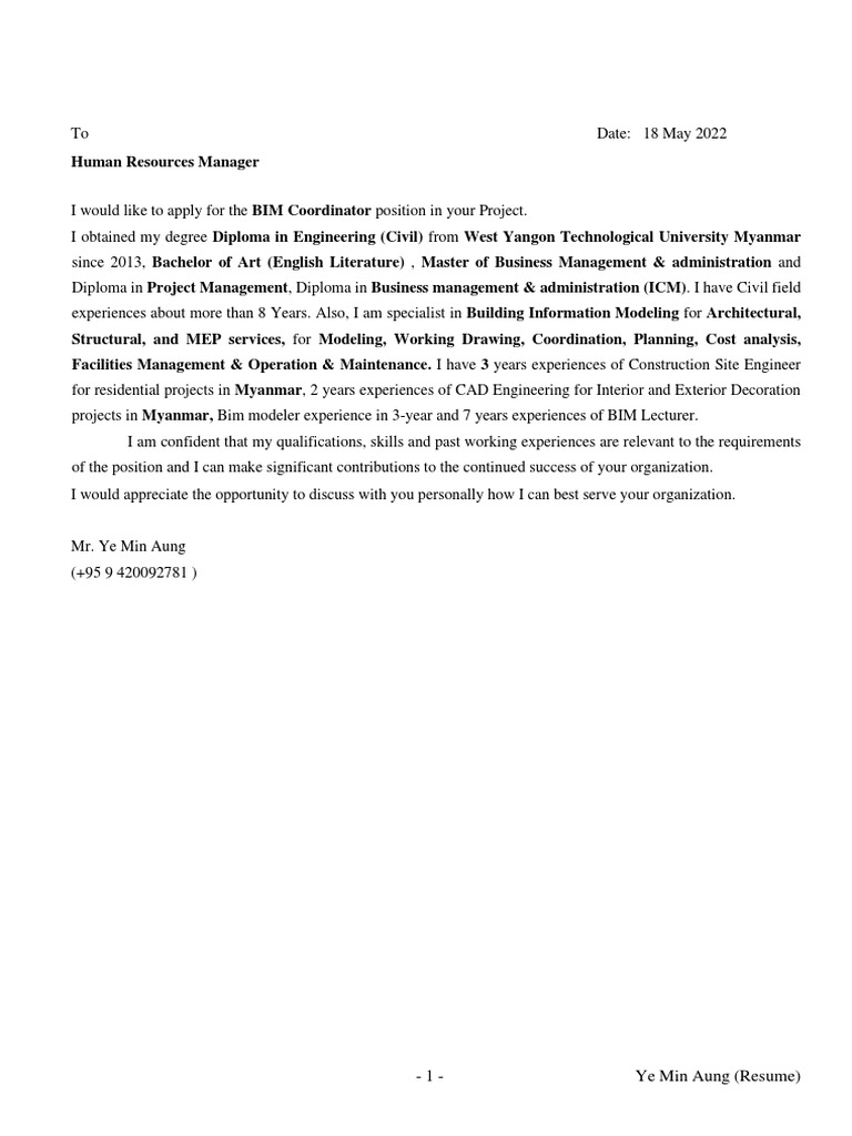 Ye Min Aung - Resume | PDF | Building Information Modeling | Autodesk Revit