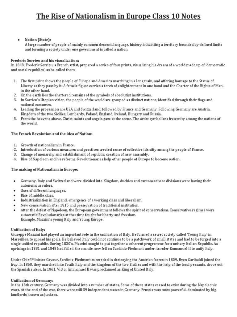 The Rise of Nationalism in Europe Class 10 Notes | PDF | Kingdom Of ...