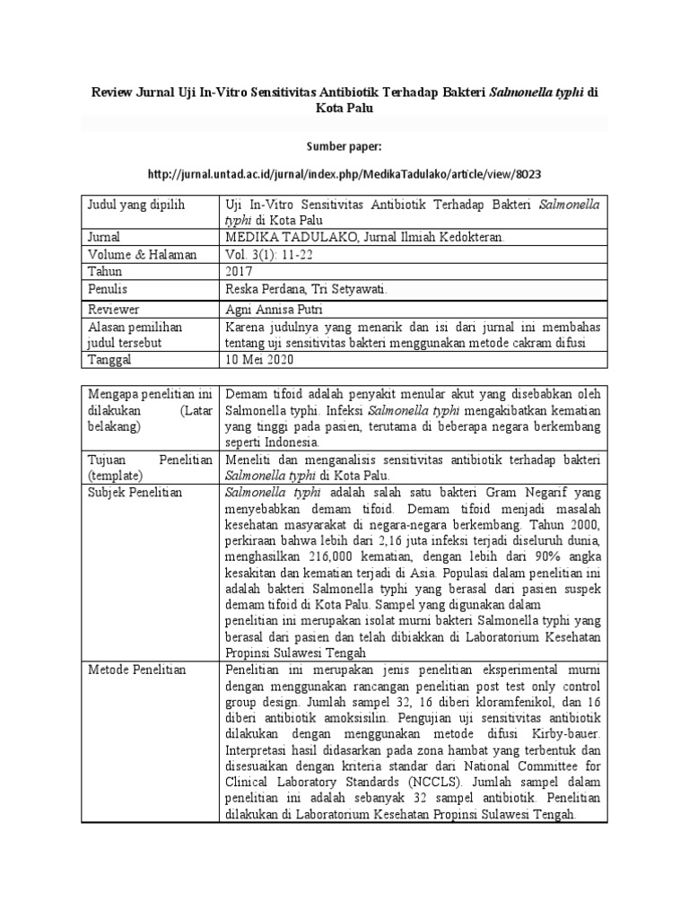 Agni Annisa Putri - 004 - Review Jurnal Uji Sensitivitas Antibiotik ...