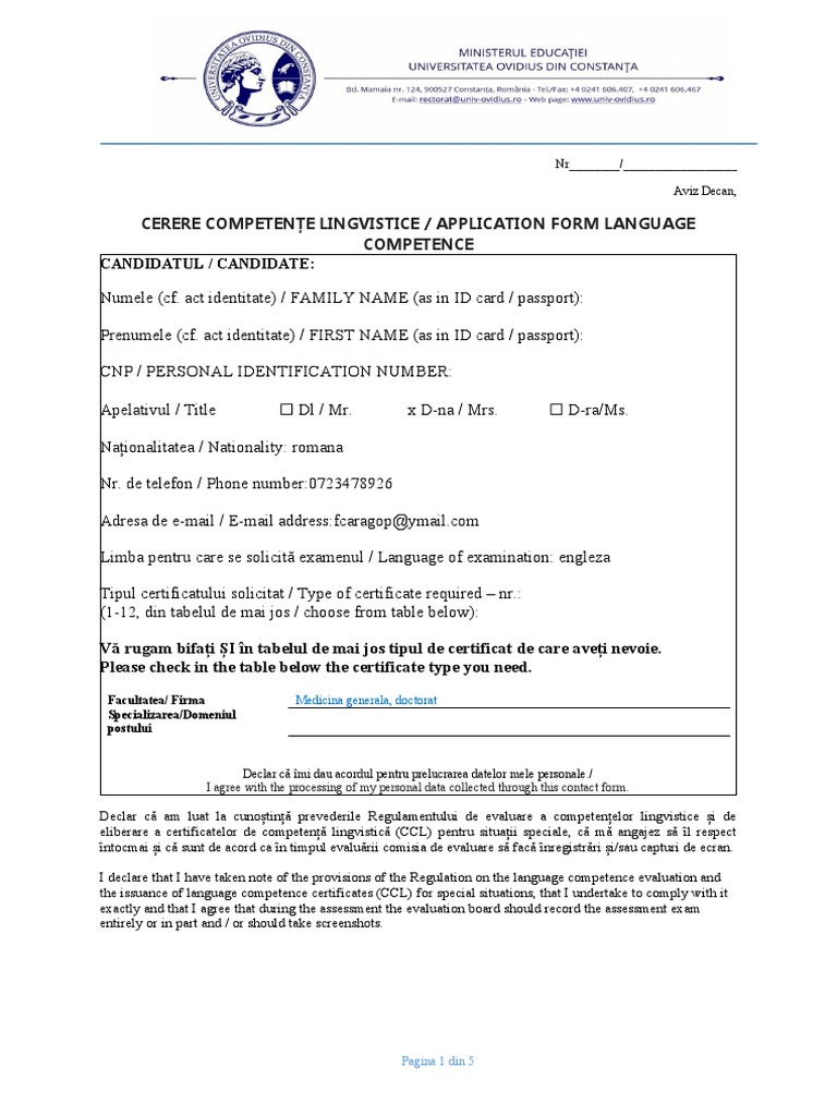 Cerere Pentru Eliberarea CCL-Request Form For Language Evaluation | PDF