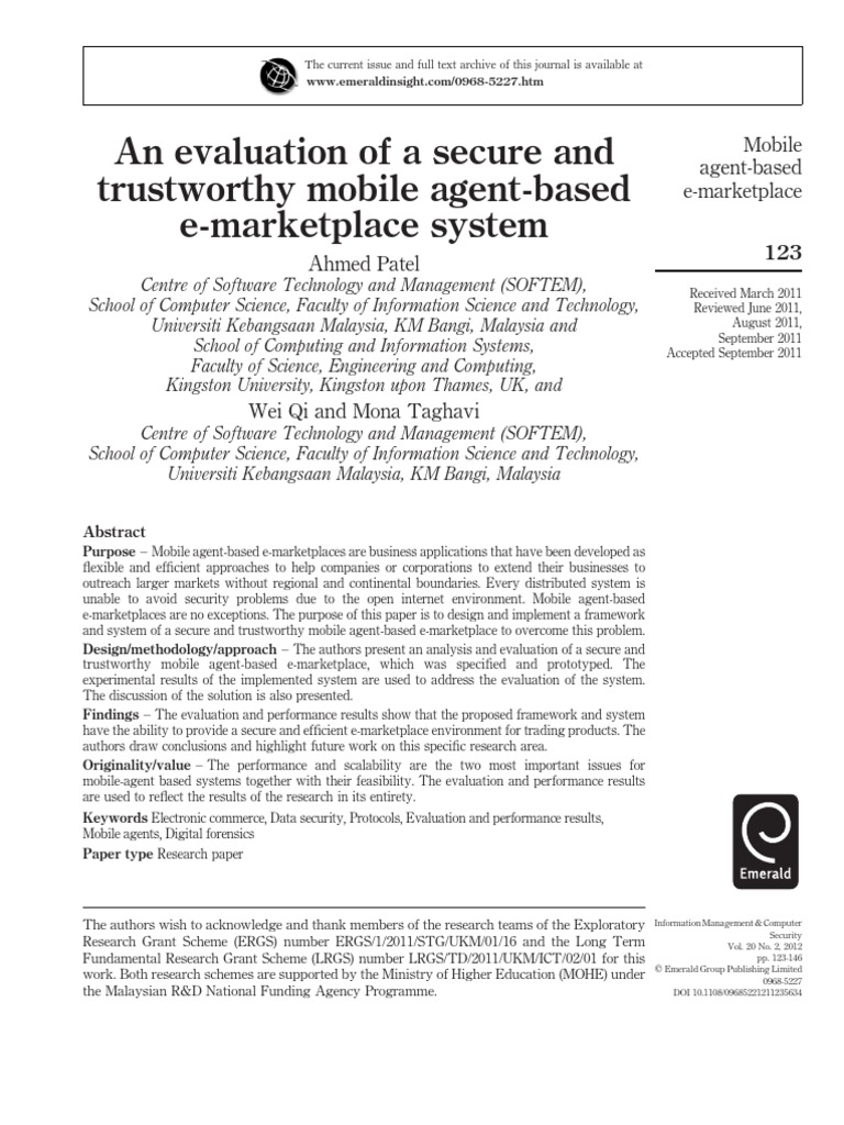 Ahmed Patel, Wei Qi and Mona Taghavi 2011 An Evaluation of A Secure and Trustworthy Mobile Agent ...