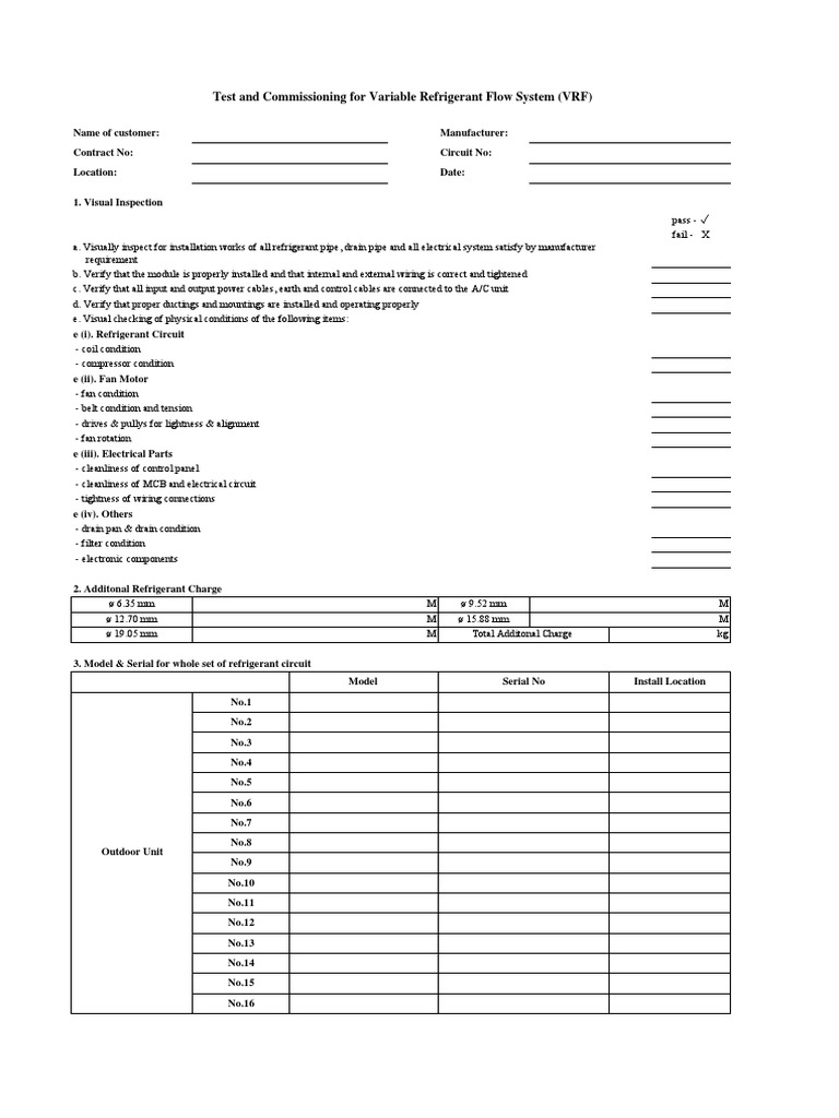 AC Installation - Testing Form Template - VRV Unit | PDF | Pressure ...