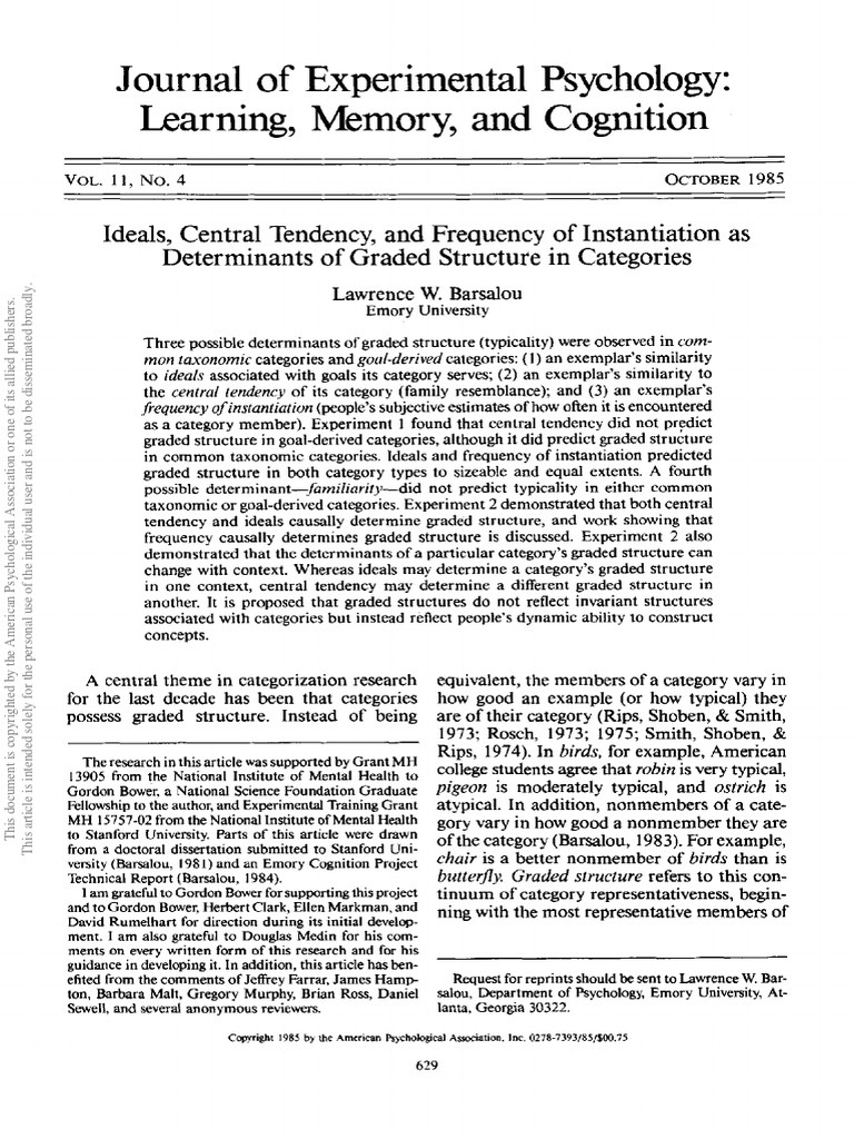 Barsalou, L. W. (1985) - Ideals, Central Tendency, and Frequency of ... Barsalou, L. W. (1985) - Ideals, Central Tendency, and Frequency of ...