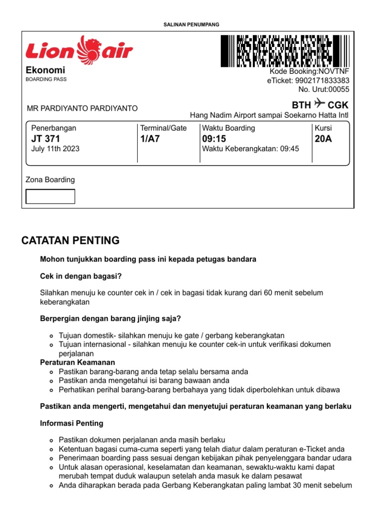 Contoh Boarding Pass Pesawat | PDF