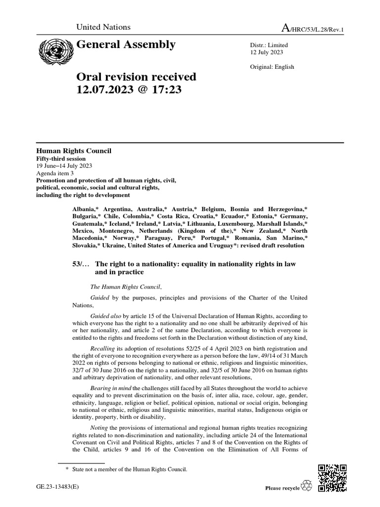 UN HRC Resolution On Right To Nationality (12 July 2023) | PDF ...