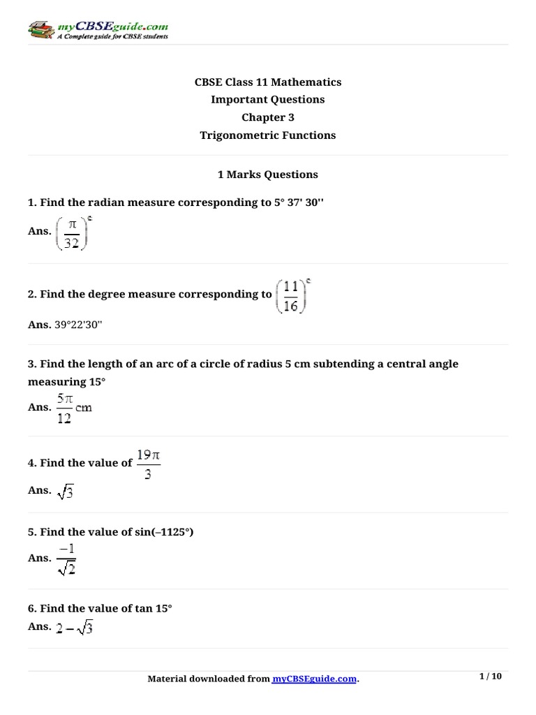 11 Mathematics Imp ch3 1 | PDF | Trigonometric Functions | Special Functions