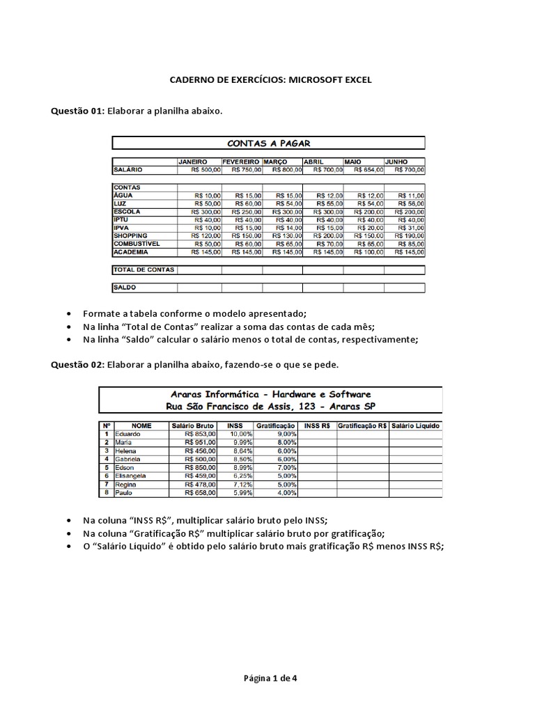 Caderno de Exercicios Excel - Final | PDF