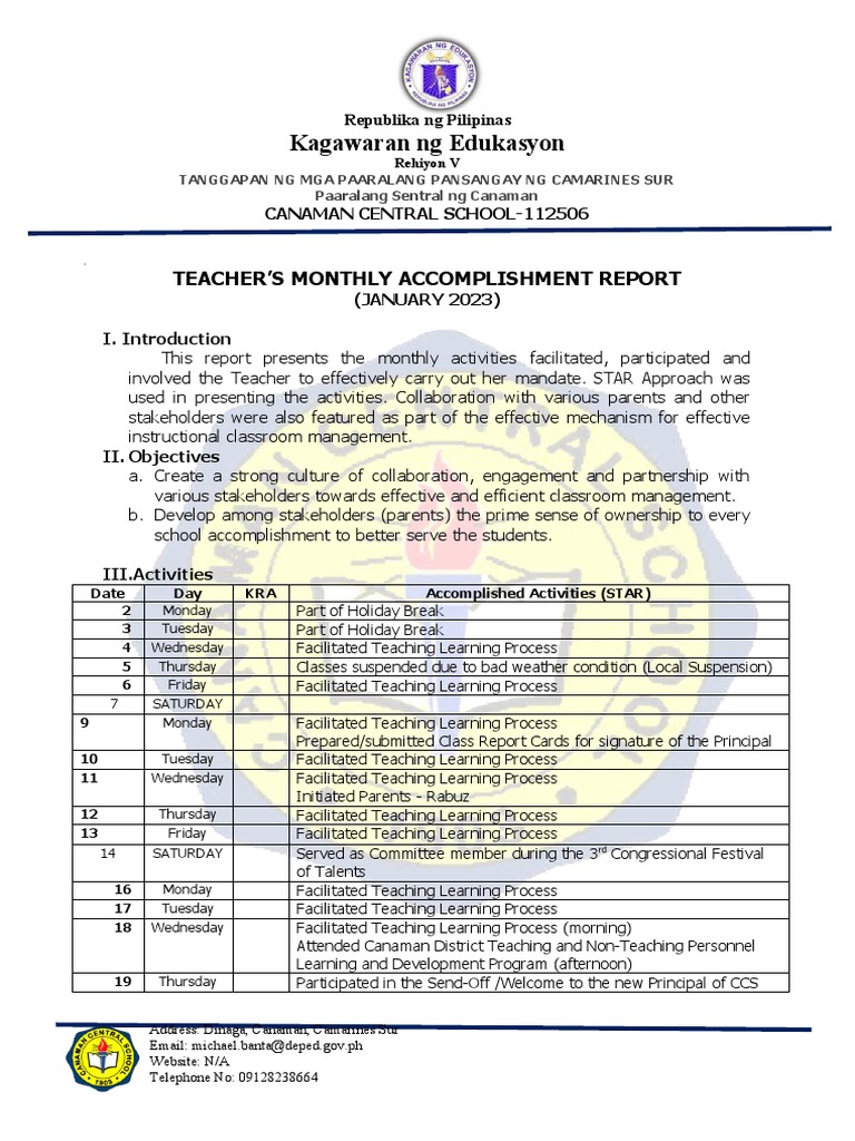 Accomplishment Report | PDF | Classroom Management | Teachers