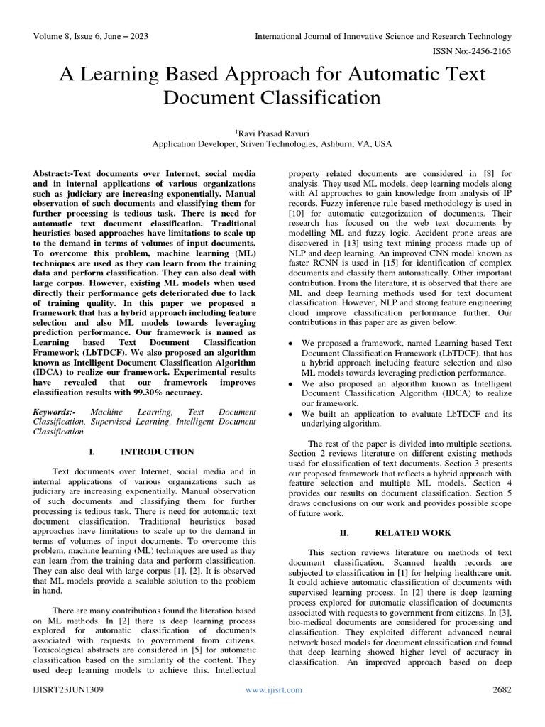 A Learning Based Approach For Automatic Text Document Classification Pdf Machine Learning