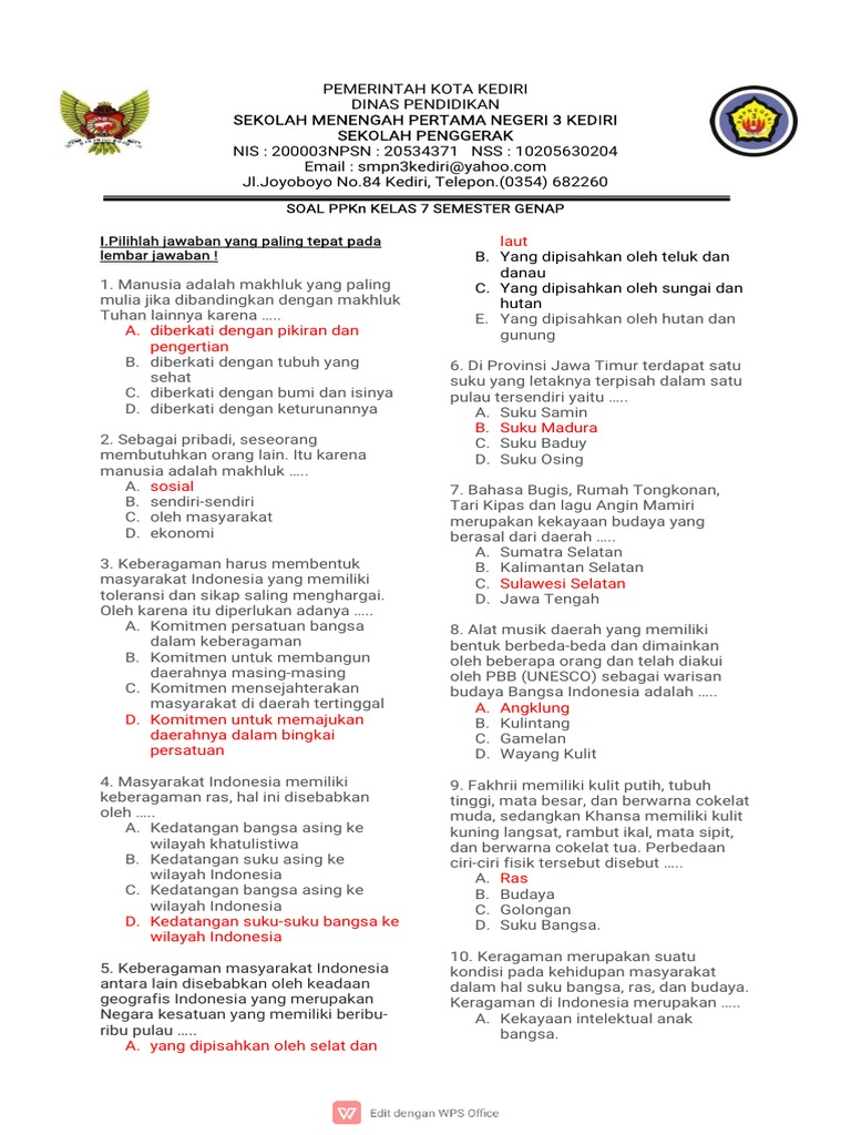 Latihan soal PAT PKN Kelas 7 2023 | PDF