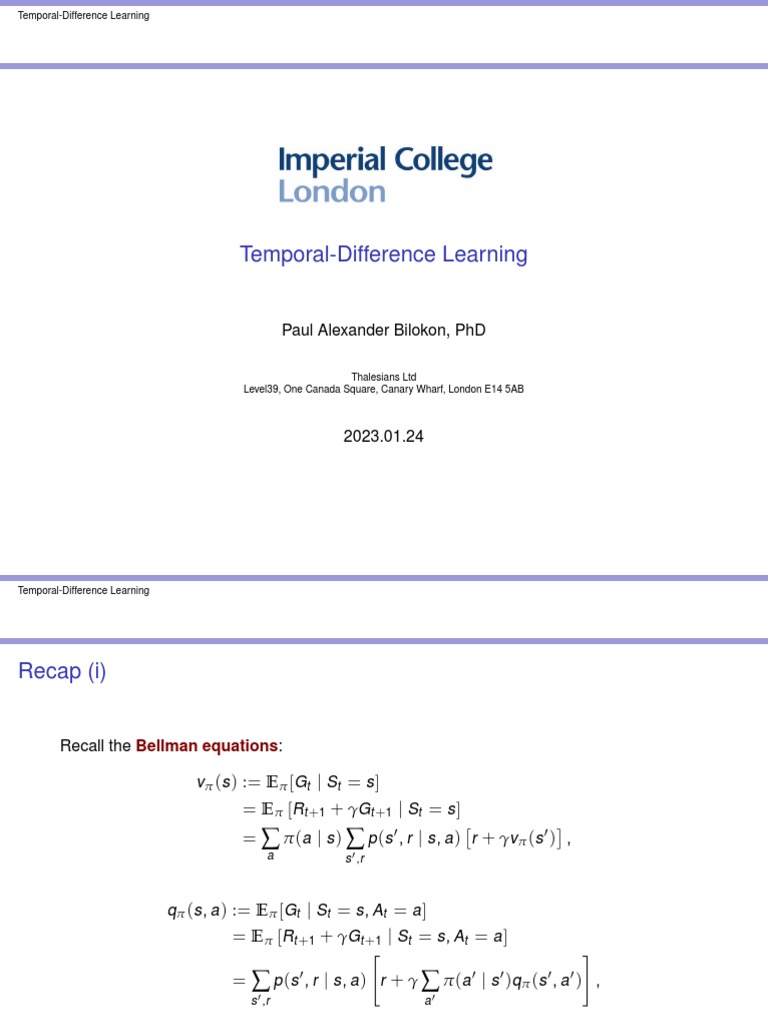 5 Temporal Difference Learning | PDF | Markov Chain | Statistical Theory