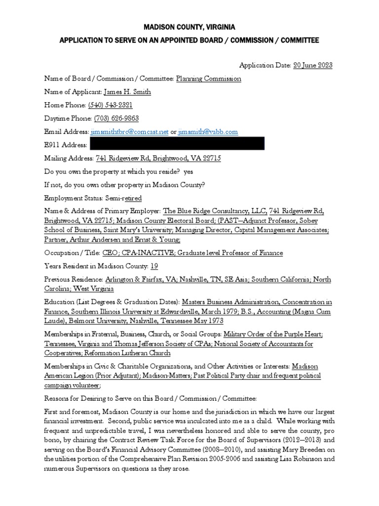 Madison County Planning Commission Application - Jim Smith | PDF ...