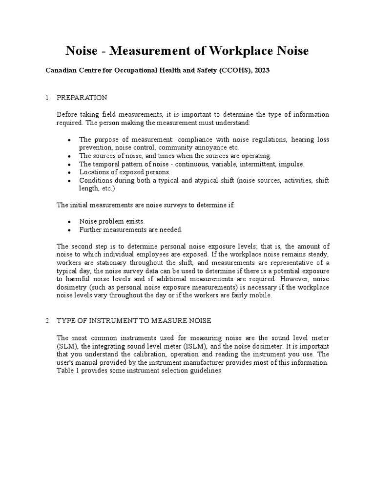 CCOHS Noise - Measurement of Workplace Noise | PDF | Noise | Decibel