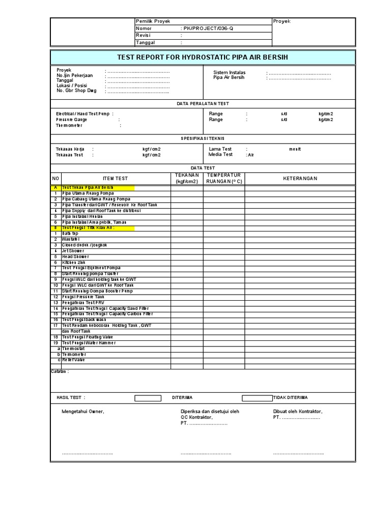 Form-Test Report HYDROSTATIC Pipa Air Bersih | PDF