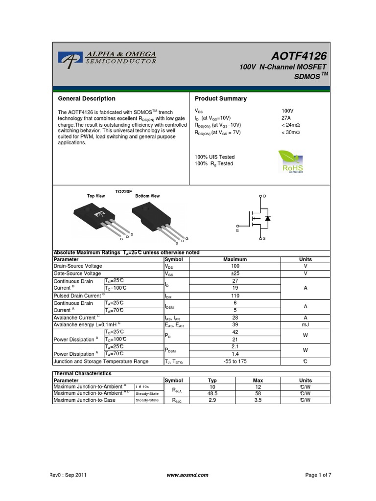 AOTF4126 | PDF | Field Effect Transistor | Diode