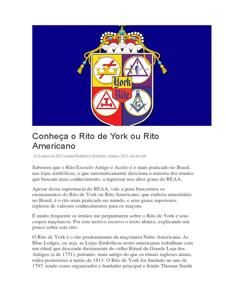 Entenda o Rito de York na Maçonaria | PDF | Loja Maçônica | Fraternidades