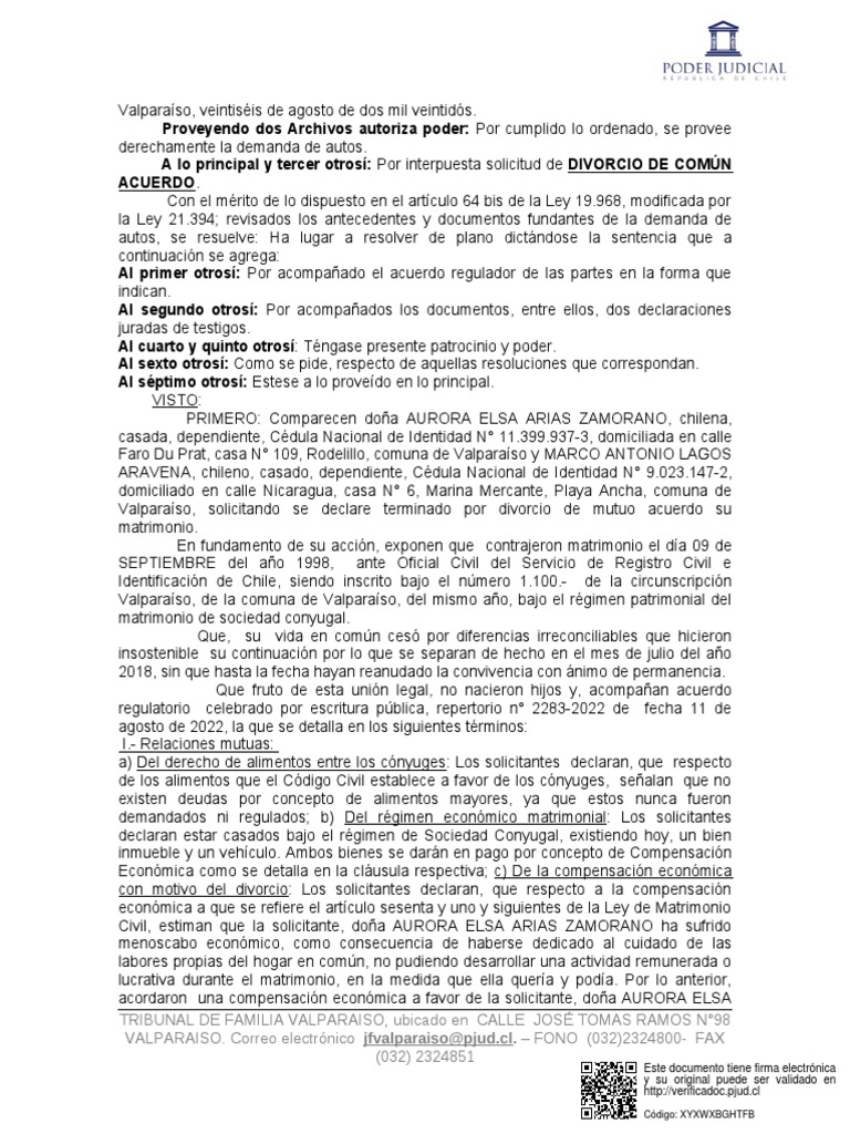 Sentencia de Divorcio en Chile 2022 | PDF | Divorcio | Familia