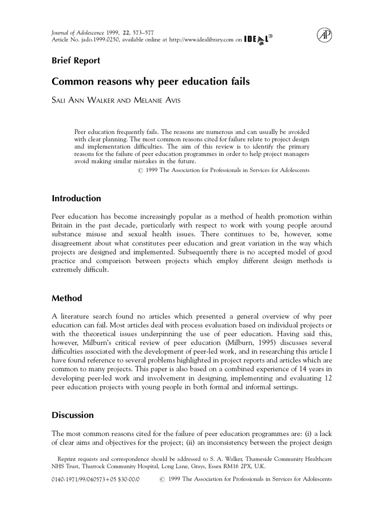 Common Reasons Why Peer Education Fails - 1999 - Journal of Adolescence ... Common Reasons Why Peer Education Fails - 1999 - Journal of Adolescence ...