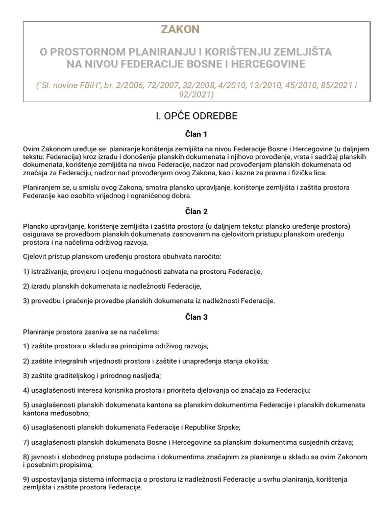 Zakon Prostorno FBIH 2-06, 72-07, 32-08, 4-10, 13-10, 45-10, 85-21, 92-21 | PDF