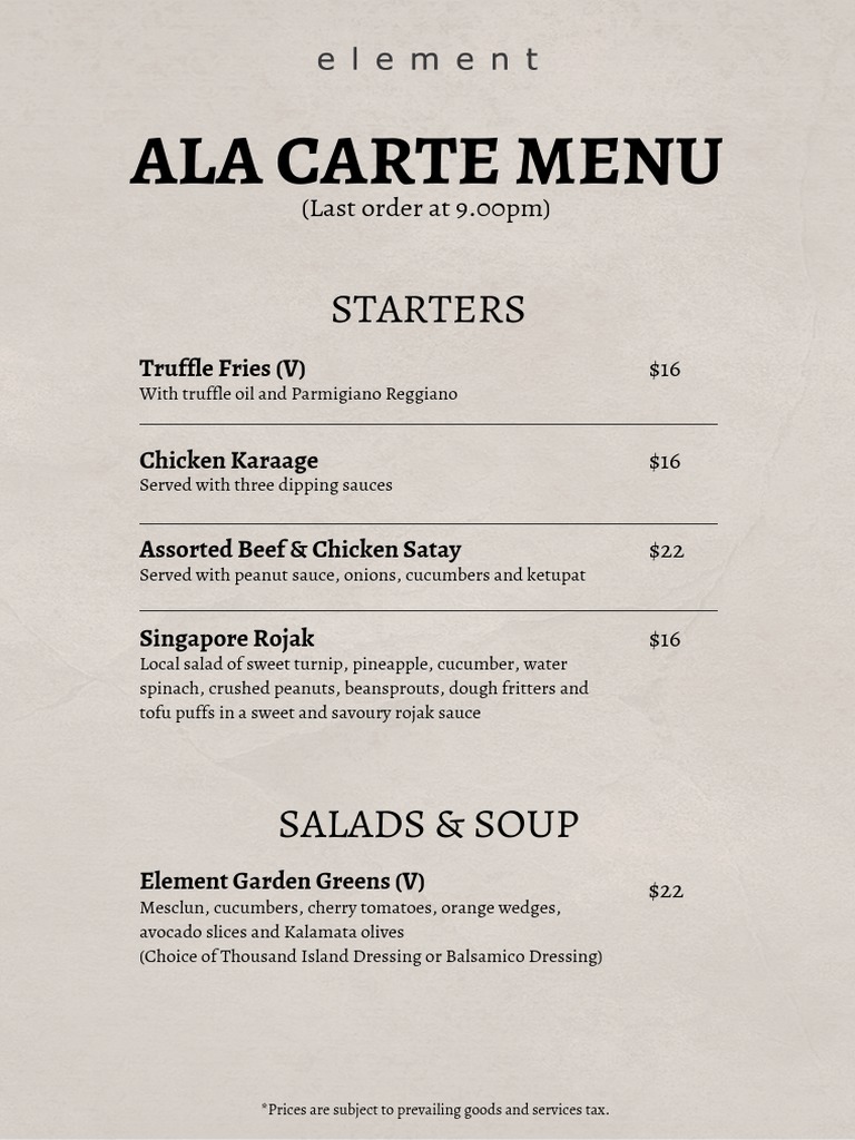 Element Ala Carte Menu | PDF | Hamburgers | Western Cuisine