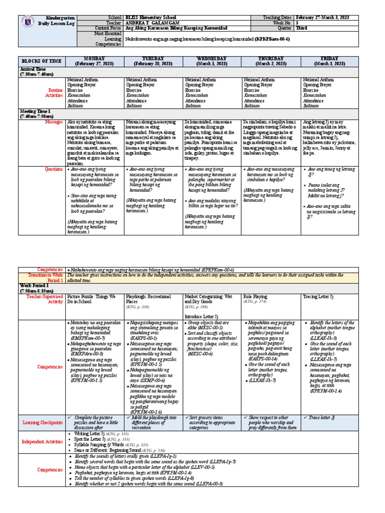 Kindergarten-DLL-MELC-Q3-Week 3 Asf | PDF