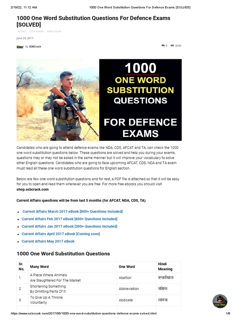 1000 One Word Substitution Questions For Defence Exams (SOLVED) | PDF ...
