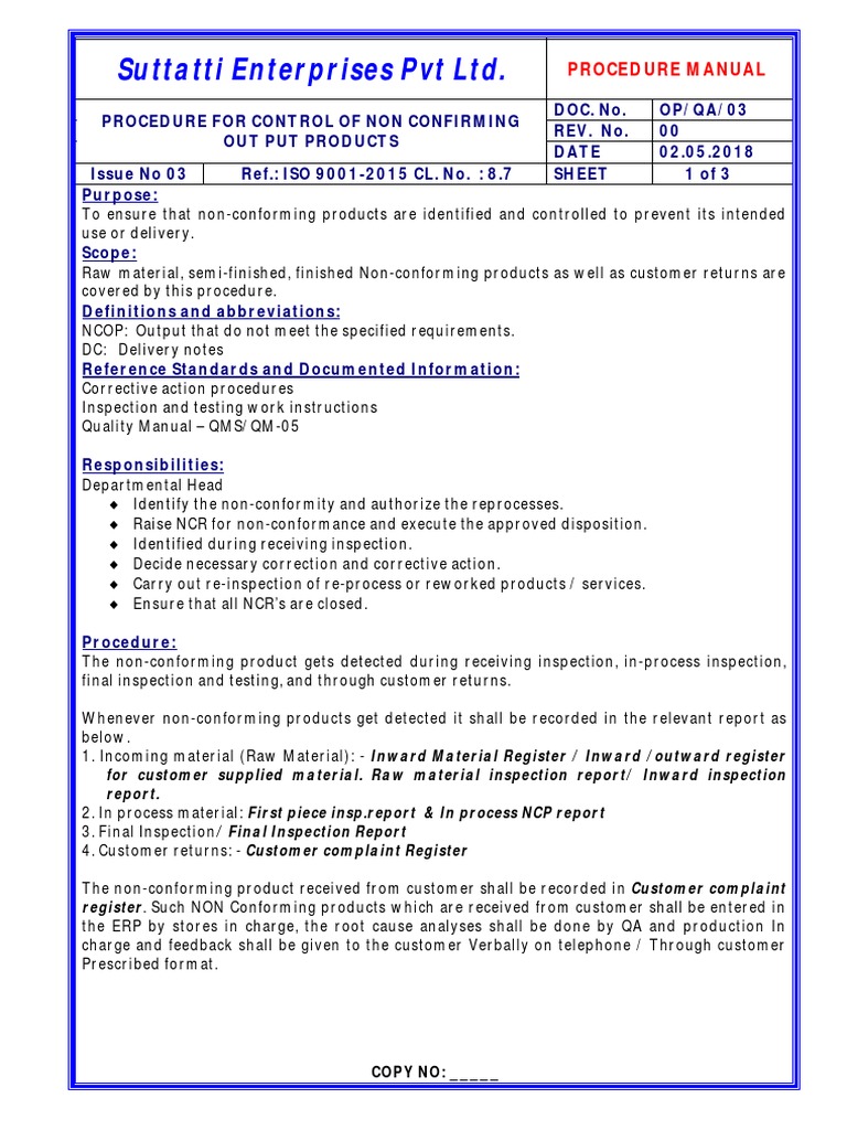 Non-Conformance Control Procedure | PDF | Iso 9000 | Quality