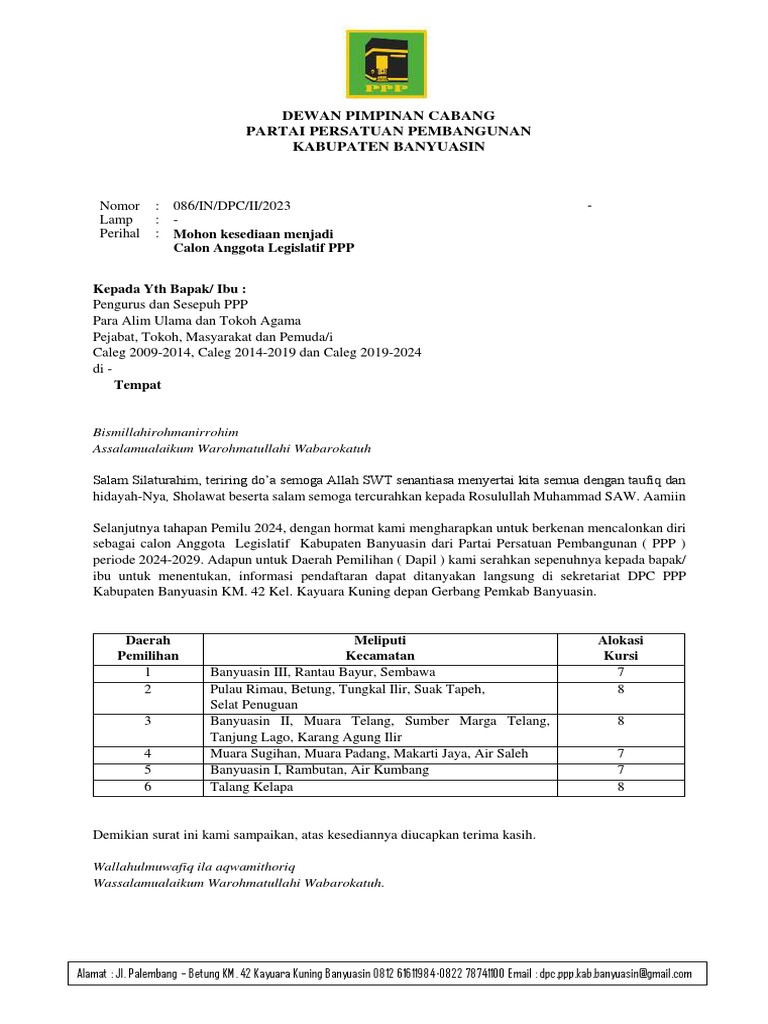 Surat - Form Perekrutan Caleg PPP Banyuasin 2024-2029 | PDF