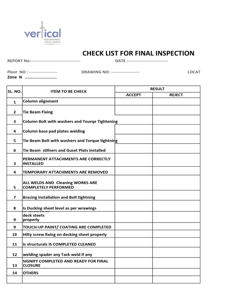 CHECKLIST Structural Erection | PDF