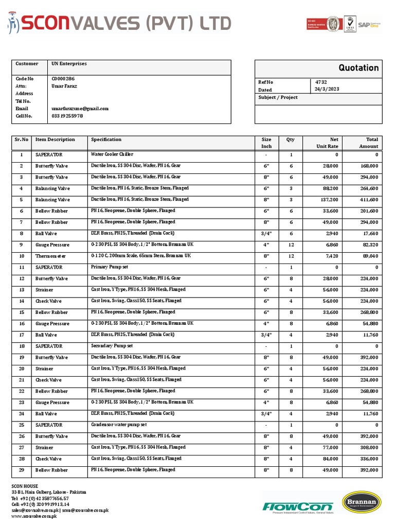 Industrial Valve Quotation | PDF | Valve | Tap (Valve)