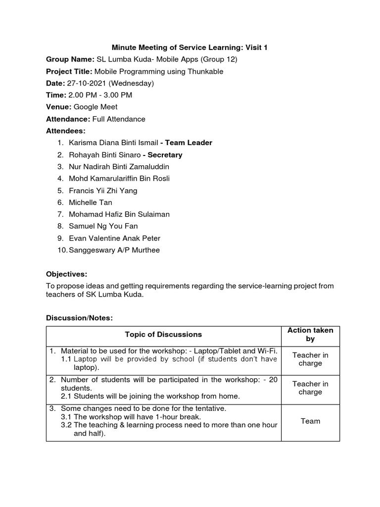 Service Learning Meeting Minutes: Visit 1 | PDF | Computing